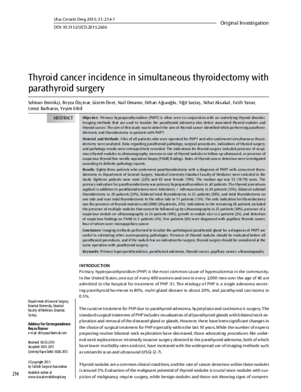 (PDF) Thyroid cancer ıncidence in parathyroidectomy concominant with thyroidectomy