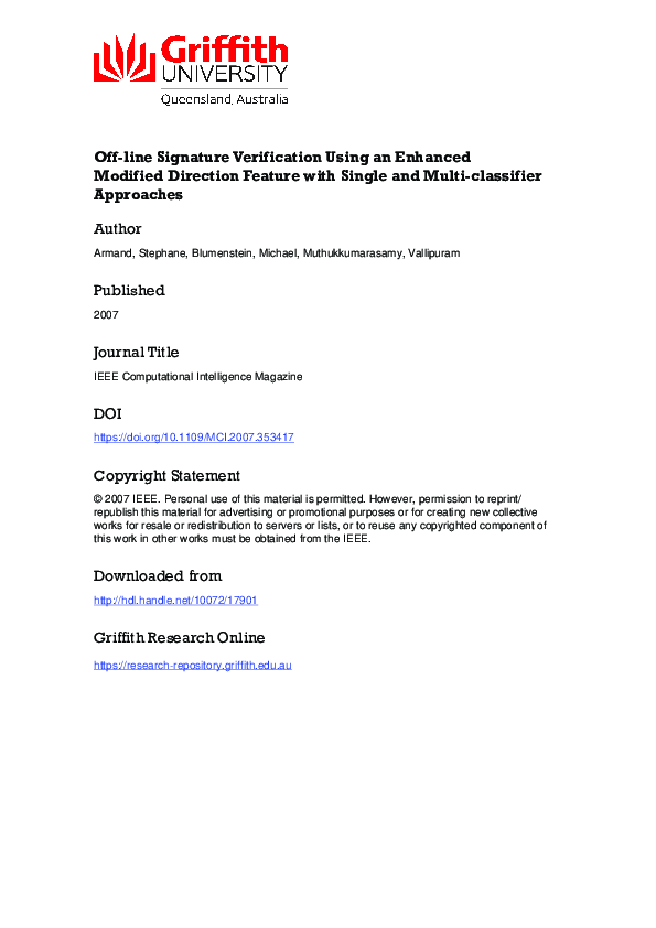 (PDF) Off-line Signature Verification Using an Enhanced Modified Direction Feature with Single ...
