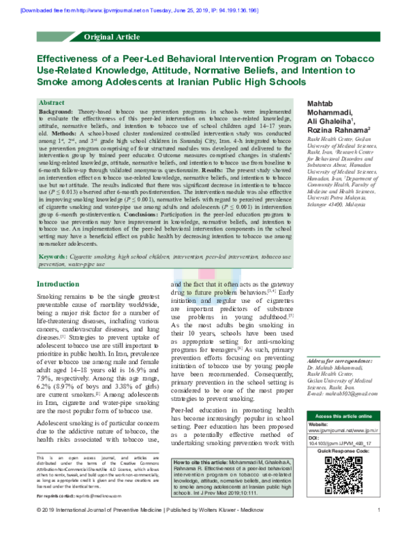 (PDF) Effectiveness of a peer-led behavioral intervention program on tobacco use-related ...