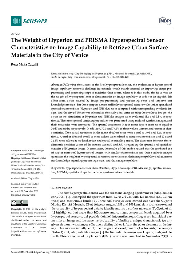 (PDF) The Weight of Hyperion and PRISMA Hyperspectral Sensor Characteristics on Image Capability ...