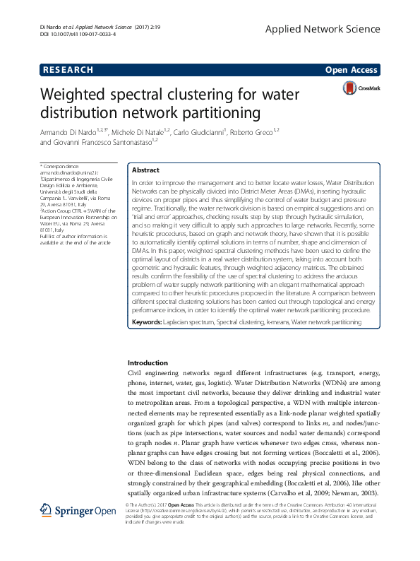 (PDF) Weighted spectral clustering for water distribution network partitioning