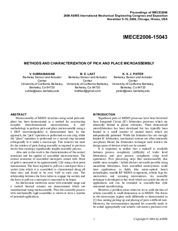 (PDF) Methods and Characterization of Pick and Place Microassembly