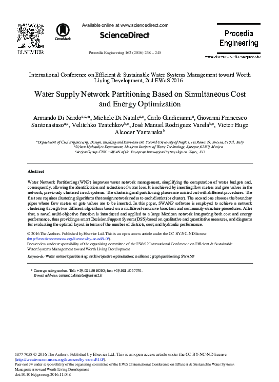 Pdf Water Supply Network Partitioning Based On Simultaneous Cost And Energy Optimization