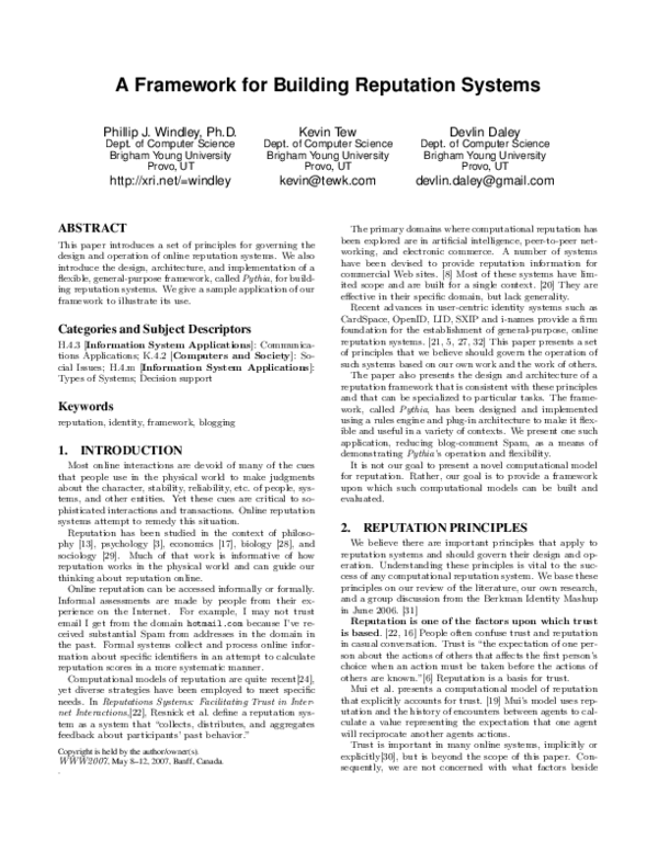 (PDF) A framework for building reputation systems