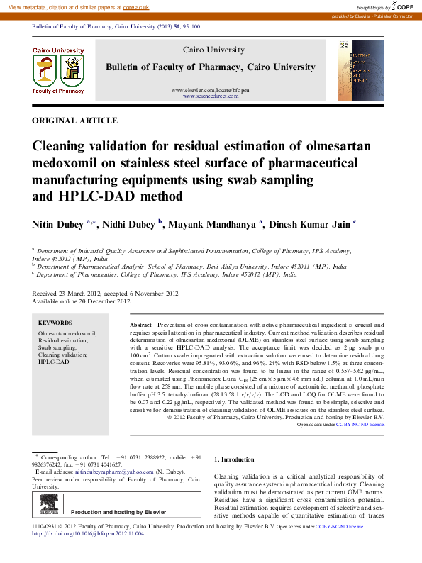 (PDF) Cleaning validation for residual estimation of olmesartan ...