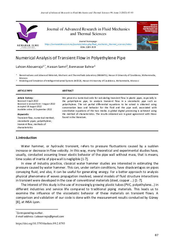 (PDF) Numerical Analysis of Transient Flow in Polyethylene Pipe