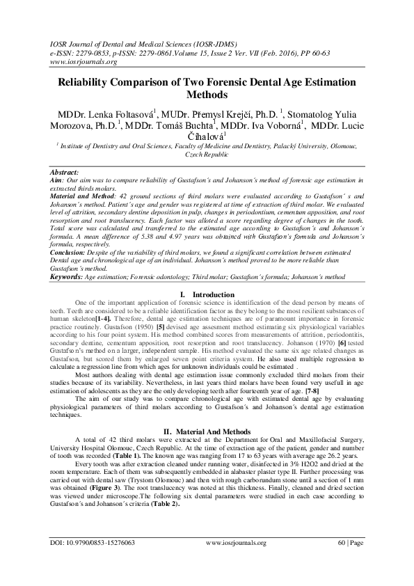 Pdf Reliability Comparison Of Two Forensic Dental Age Estimation Methods