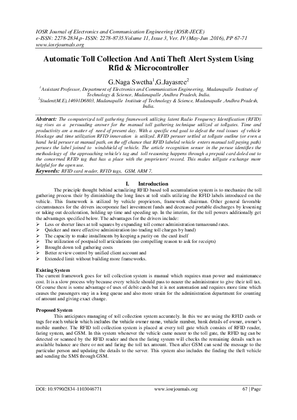 (PDF) Automatic Toll Collection And Anti Theft Alert System Using Rfid & Microcontroller