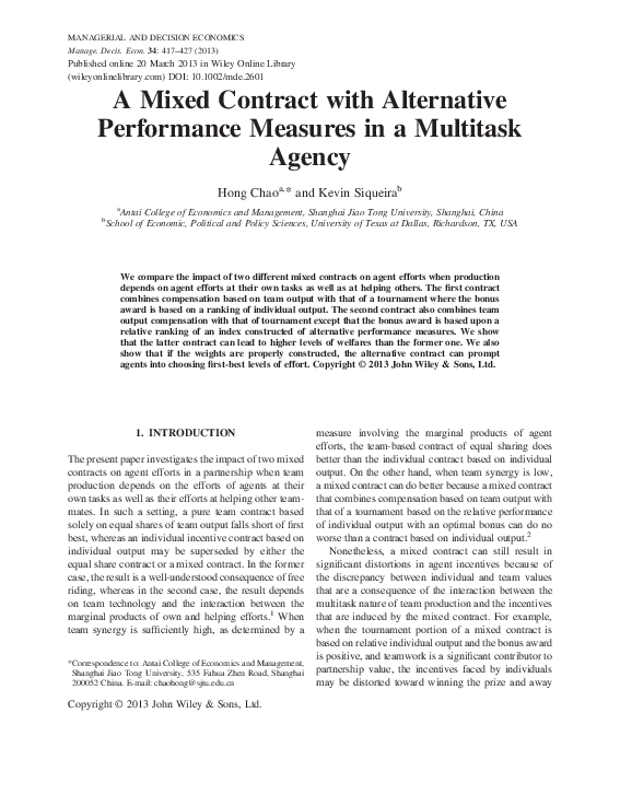 (PDF) A Mixed Contract with Alternative Performance Measures in a ...