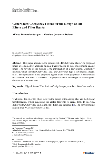 (PDF) Generalized Chebyshev Filters for the Design of IIR Filters and ...