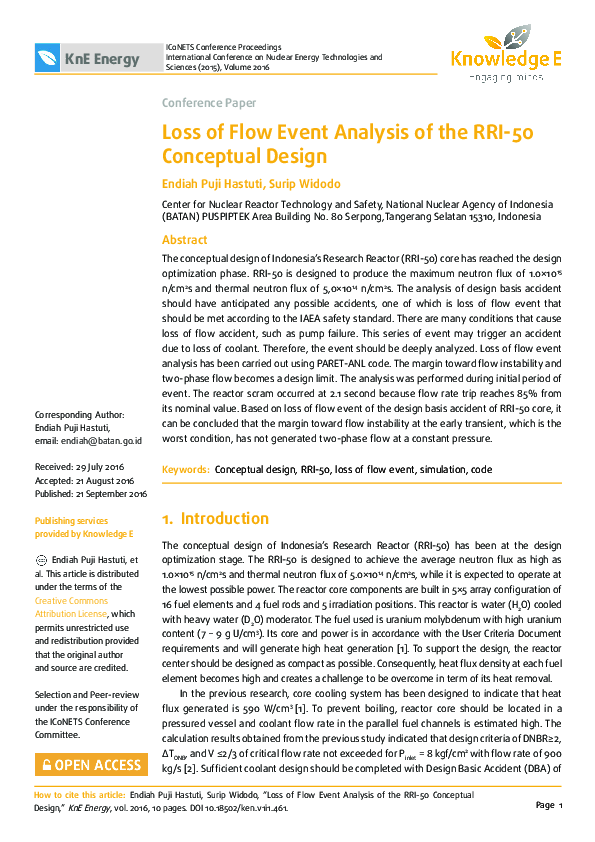(PDF) Loss Of Flow Event Analysis Of The Rri-50 Conceptual Design