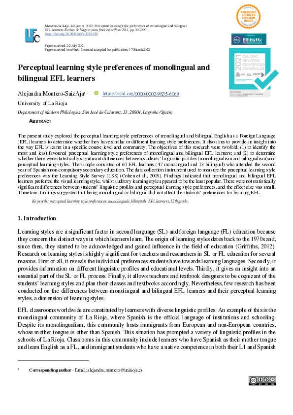 (PDF) Perceptual learning style preferences of monolingual and ...