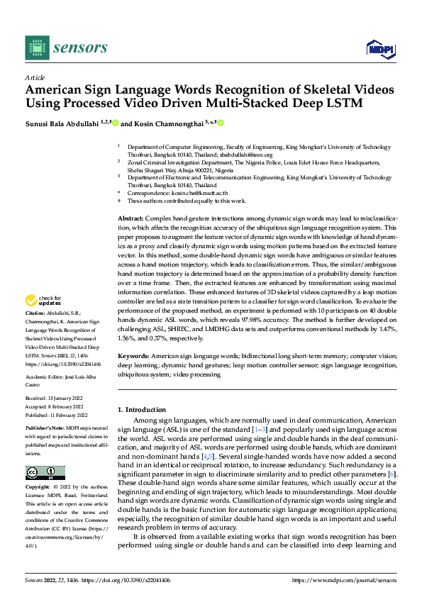 (PDF) American Sign Language Words Recognition of Skeletal Videos Using Processed Video Driven ...