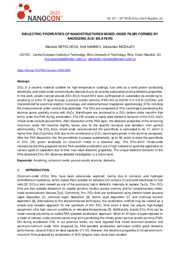 (PDF) Dielectric properties of nanostructured mixed-oxide films formed by anodizing Al/Zr bilayers