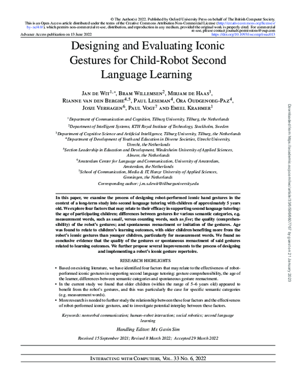 (PDF) Designing and Evaluating Iconic Gestures for Child-Robot Second ...
