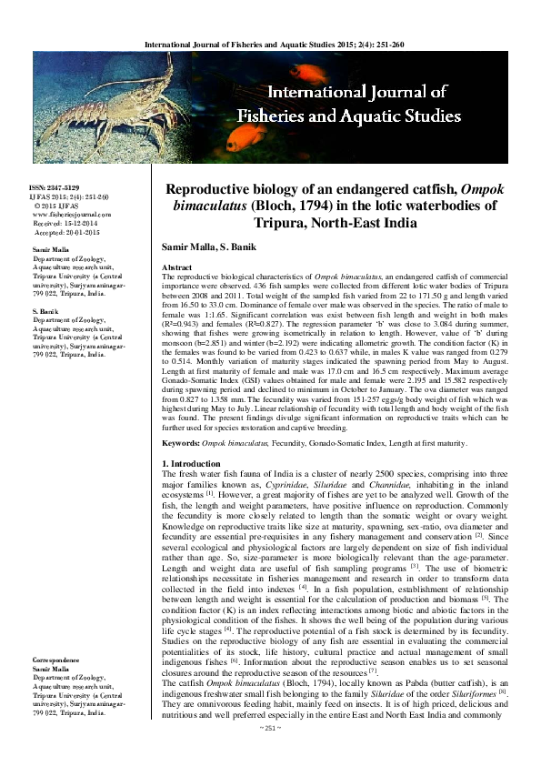 (PDF) Reproductive biology of an endangered catfish, Ompok bimaculatus ...