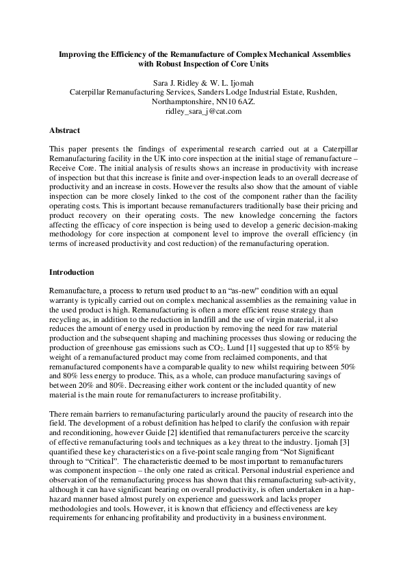 (PDF) Improving the Efficiency of the Remanufacture of Complex ...
