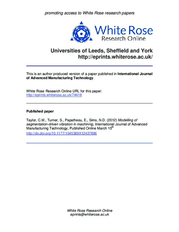Pdf Modelling Of Segmentation Driven Vibration In Machining