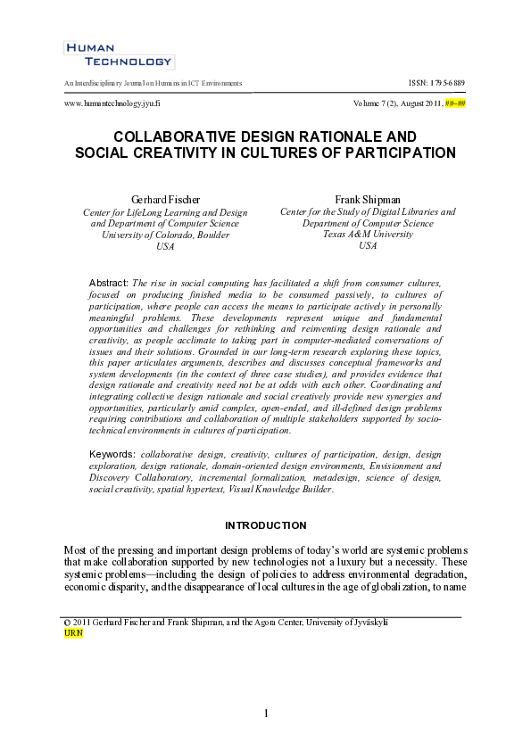 (PDF) Collaborative Design Rationale and Social Creativity in Cultures of Participation