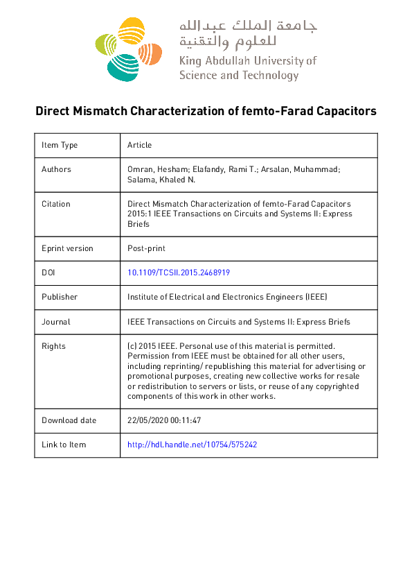 Pdf Direct Mismatch Characterization Of Femto Farad Capacitors
