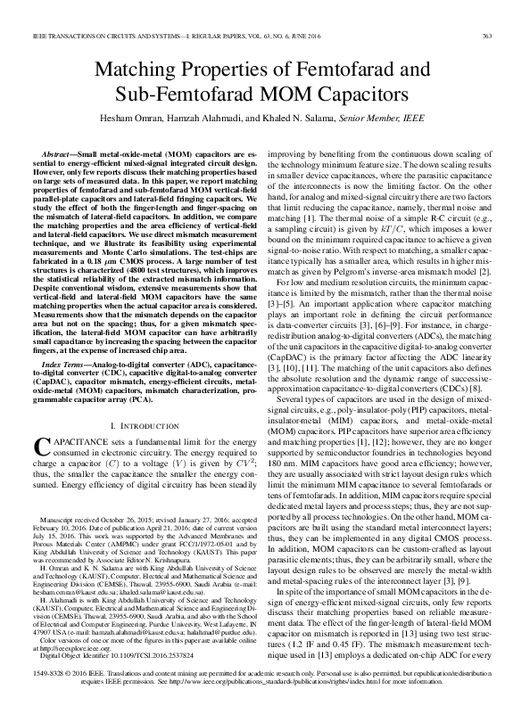 (PDF) Matching Properties of Femtofarad and Sub-Femtofarad MOM Capacitors
