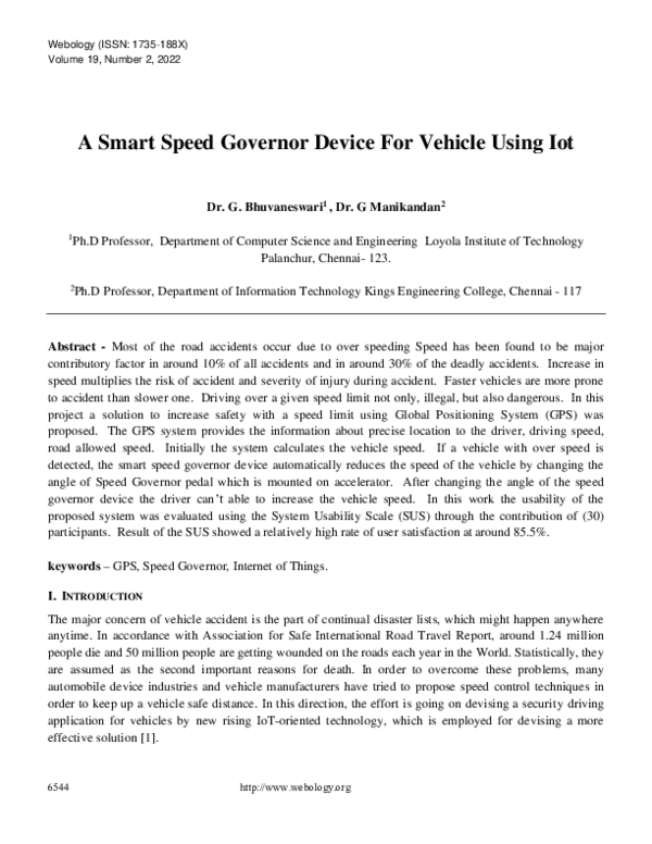 (PDF) A Smart Speed Governor Device For Vehicle Using Iot