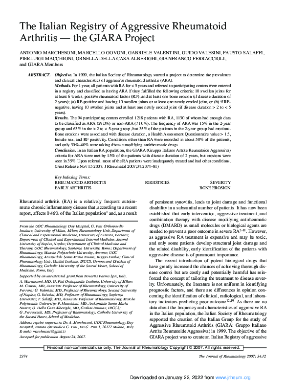 (PDF) The Italian registry of aggressive rheumatoid arthritis -- the ...