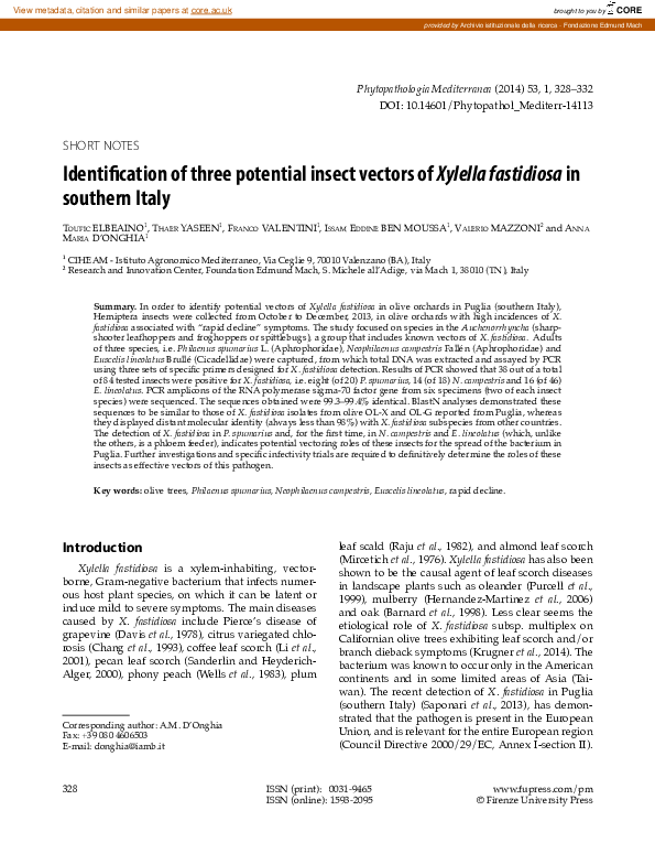 (PDF) Identification of three potential insect vectors of Xylella ...