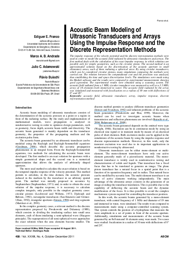 (PDF) Acoustic Beam Modeling of Ultrasonic Transducers and Arrays Using the Impulse Response and ...