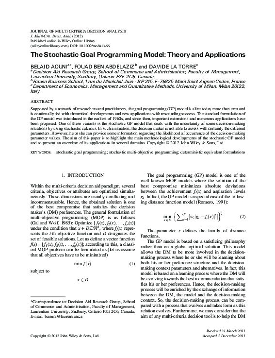 (PDF) The Stochastic Goal Programming Model: Theory and Applications