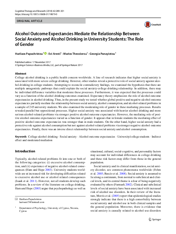 (PDF) Alcohol Outcome Expectancies Mediate the Relationship Between ...