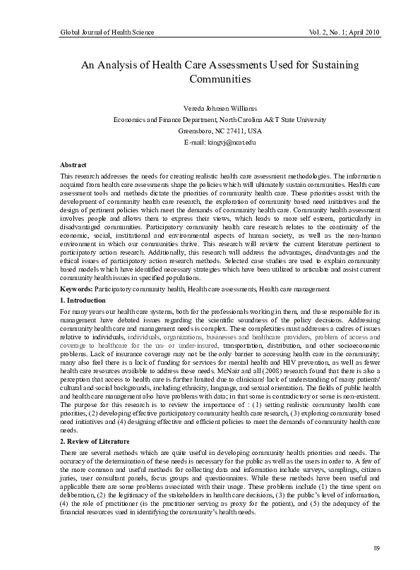 (PDF) An Analysis of Health Care Assessments Used for Sustaining ...