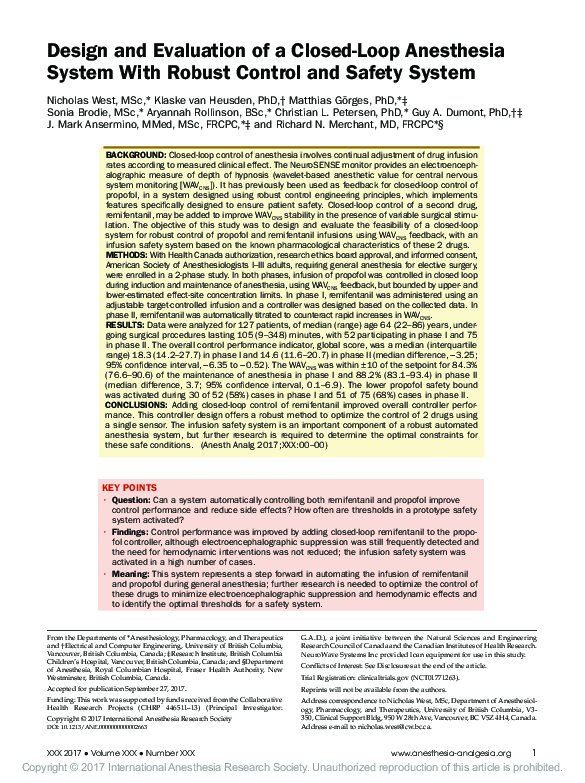 (PDF) Design and Evaluation of a Closed-Loop Anesthesia System With Robust Control and Safety System