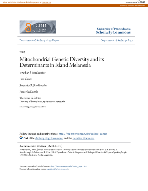 (PDF) Mitochondrial genetic diversity and its determinants in Island Melanesia