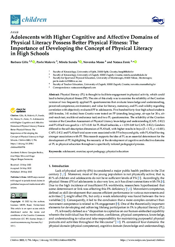 (PDF) Adolescents with Higher Cognitive and Affective Domains of Physical Literacy Possess ...