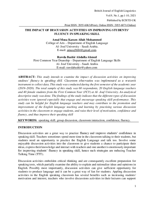 (PDF) THE IMPACT OF DISCUSSION ACTIVITIES ON IMPROVING STUDENTS ...