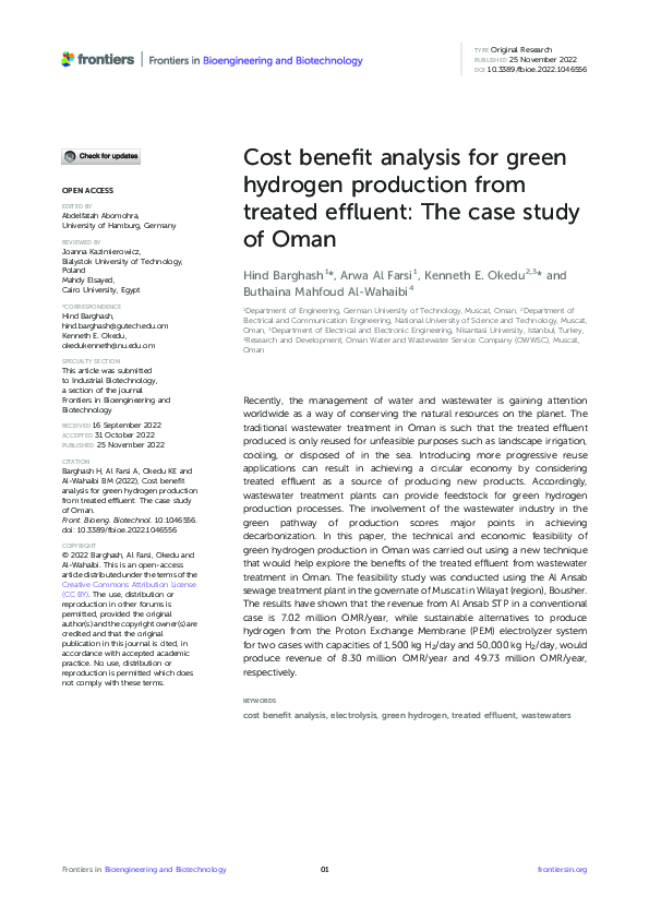 (PDF) Cost benefit analysis for green hydrogen production from treated effluent: The case study ...