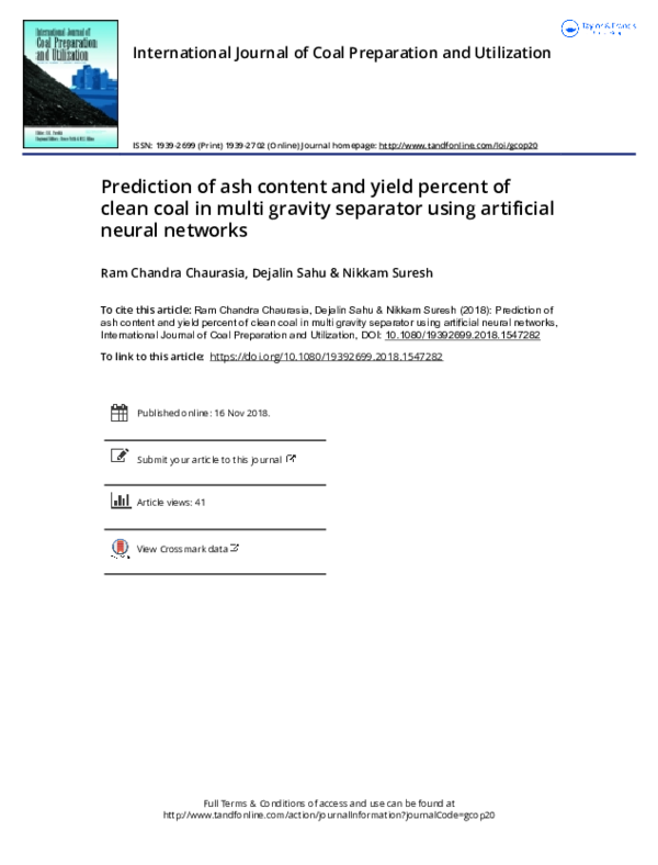 (PDF) Prediction of ash content and yield percent of clean coal in multi gravity separator using ...