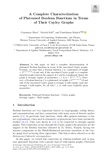 Pdf A Complete Characterization Of Plateaued Boolean Functions In Terms Of Their Cayley Graphs