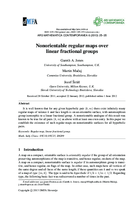 (PDF) Nonorientable regular maps over linear fractional groups | Gareth ...