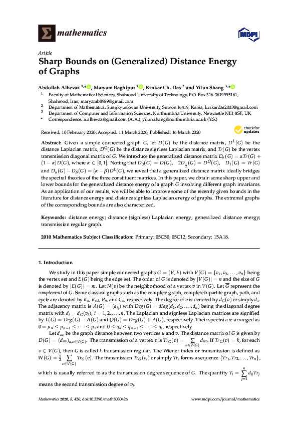 (PDF) Sharp Bounds on (Generalized) Distance Energy of Graphs