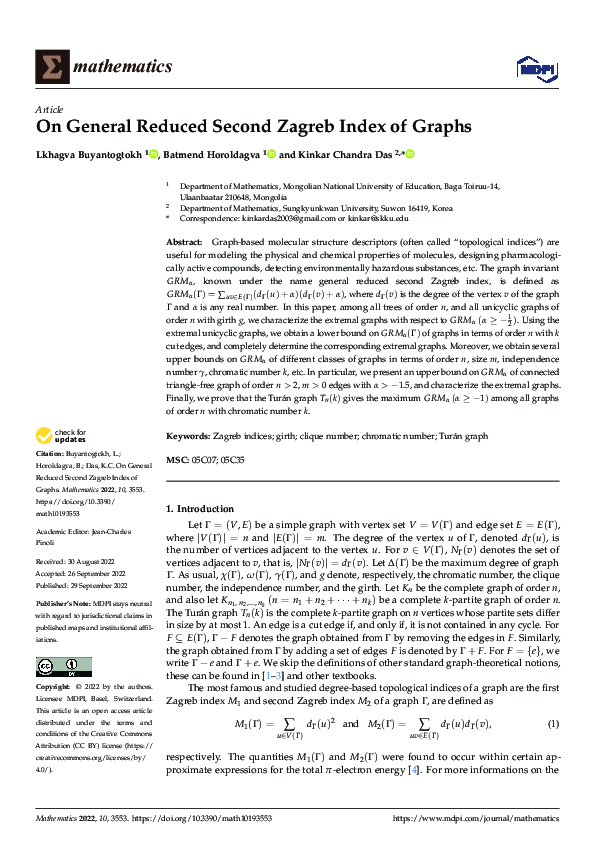 (PDF) On General Reduced Second Zagreb Index of Graphs