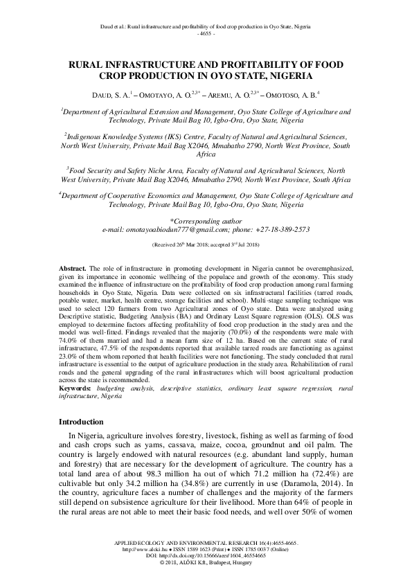 (PDF) Rural Infrastructure and Profitability of Food Crop Production in ...