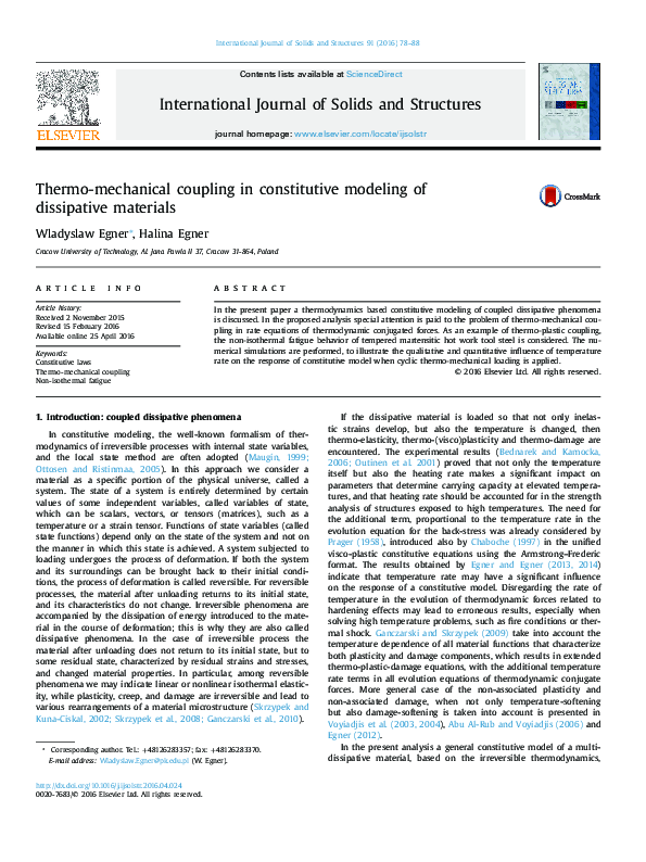 (PDF) Thermo-mechanical coupling in constitutive modeling of dissipative materials