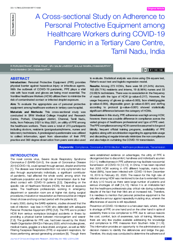 (PDF) A Cross-sectional Study on Adherence to Personal Protective ...