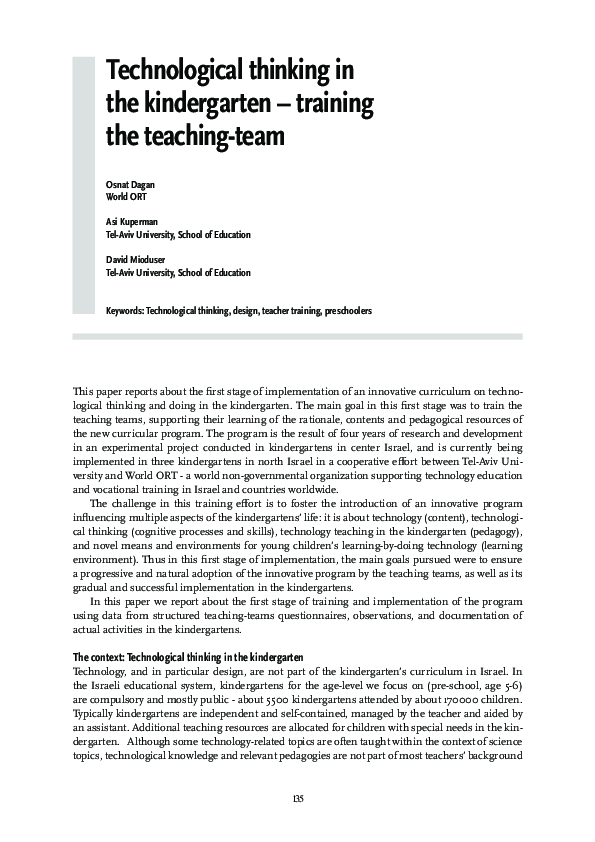 (PDF) Technological thinking in the kindergarten - training the teaching-team