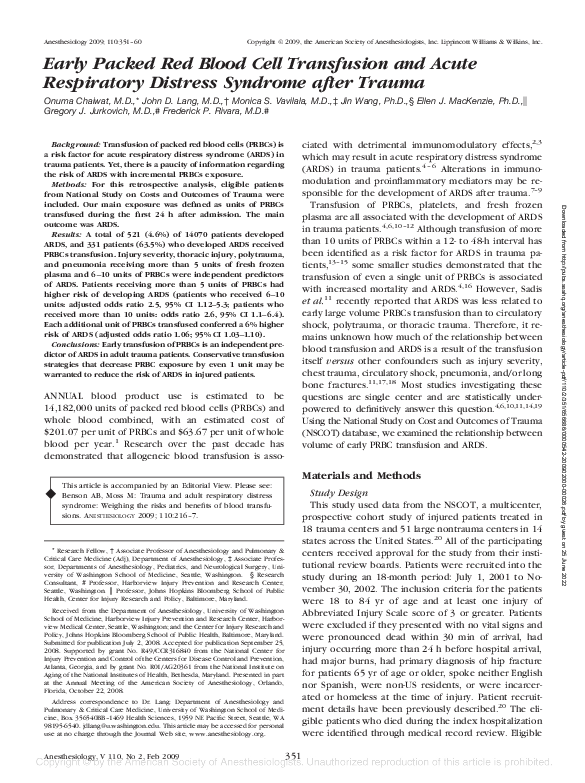 (PDF) Early Packed Red Blood Cell Transfusion and Acute Respiratory ...
