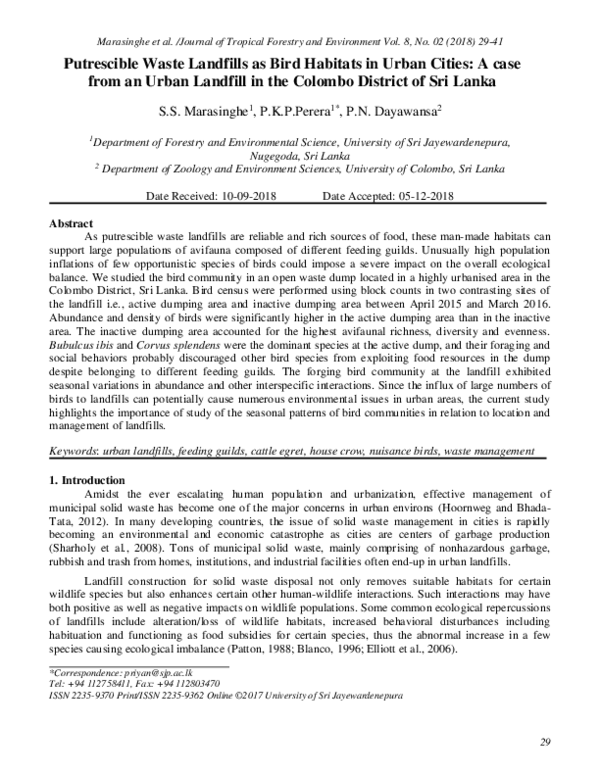 (PDF) Putrescible Waste Landfills as Bird Habitats in Urban Cities: A ...