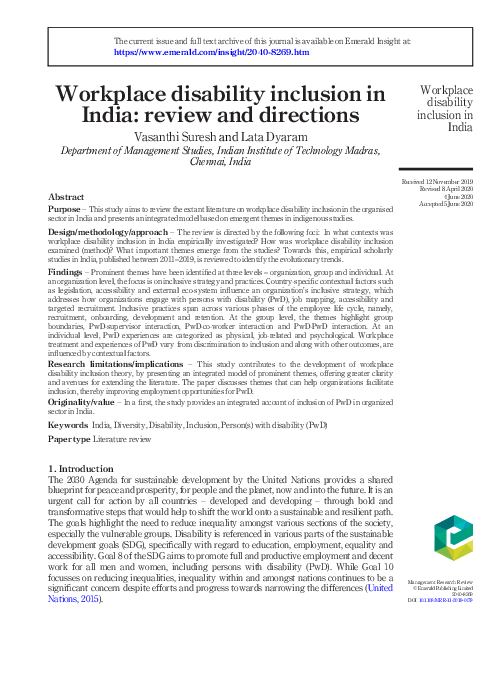 (PDF) Workplace disability inclusion in India: review and directions
