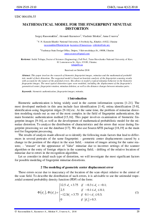 (PDF) Mathematical model for the fingerprint minutiae distortion